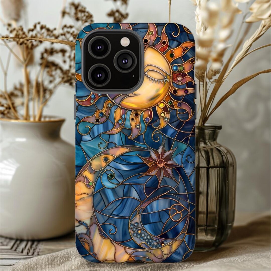 Celestial Phone Case Stained Glass, Sun and Moon, Faux Stain Glass ...