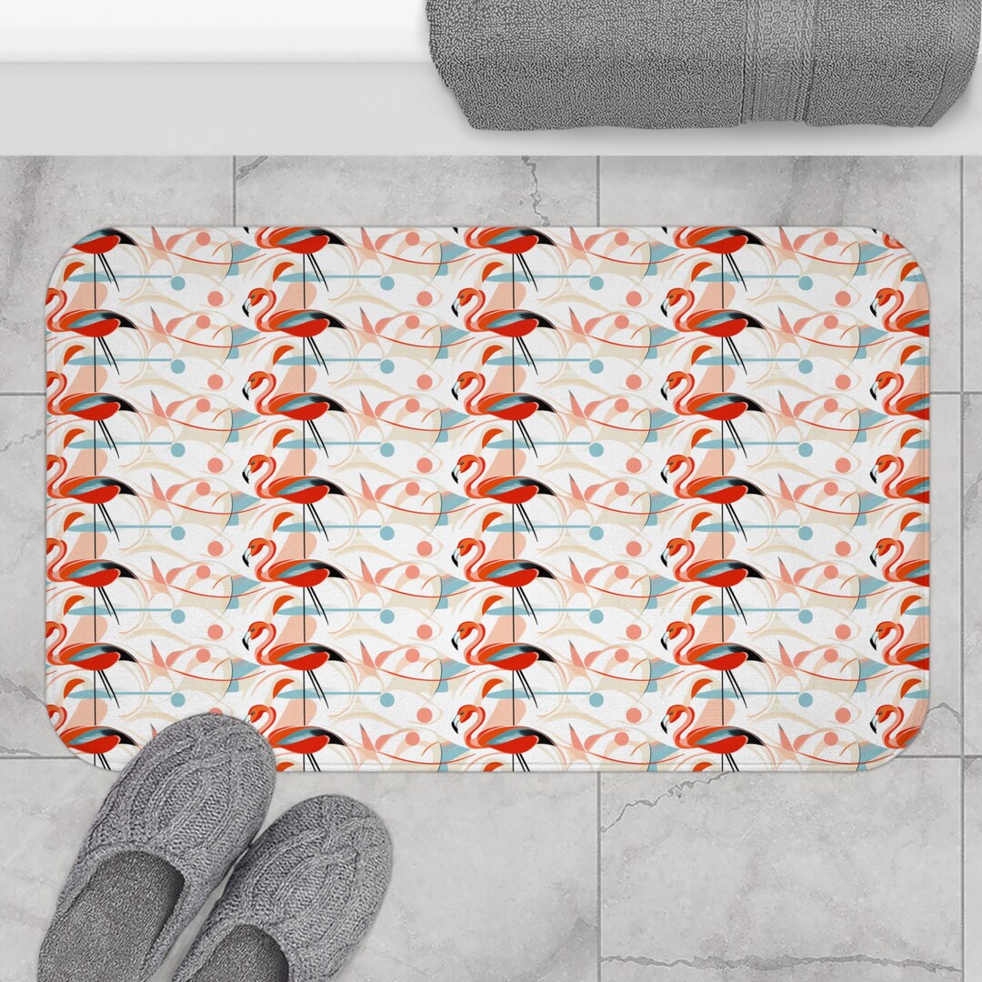 Flamingo Bath Mat - Art Deco Pink Red White Pattern, Bathroom Rug ...