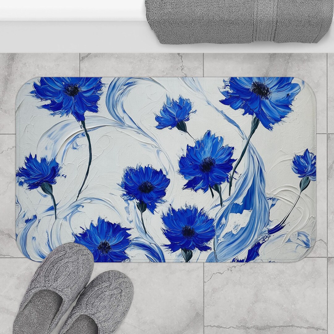 Blue Floral Bathmat, Floral Bathroom Decor, Non-slip Shower Rug, Flower ...