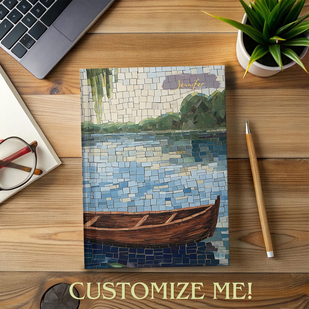 Custom Mosaic Landscape Art Journal - Wooden Boat & Willow, Peaceful ...