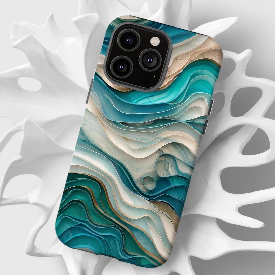 Coastal Boho Ocean Waves Phone Case, Faux Paper 3D, Turquoise Beige ...