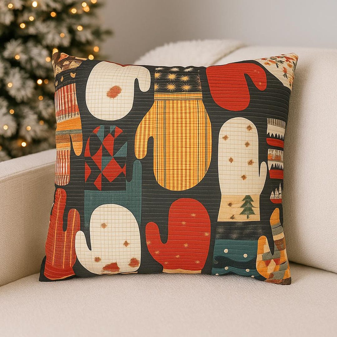 Christmas Pillow Cover: Quilt-look Faux Suede Holiday Decor, Mittens ...