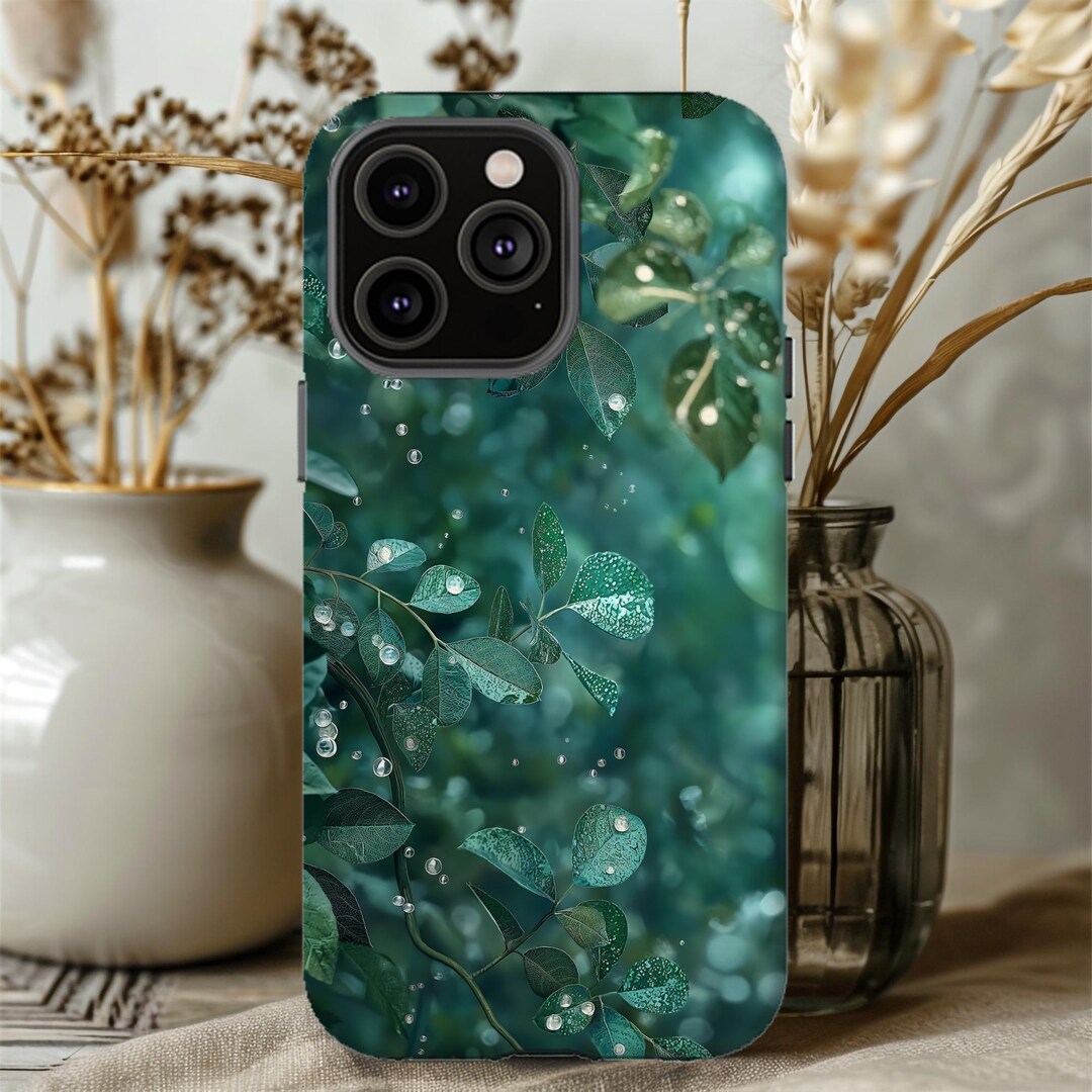 Emerald Green Botanical Phone Case: Dewdrops and Silver Accents - Etsy