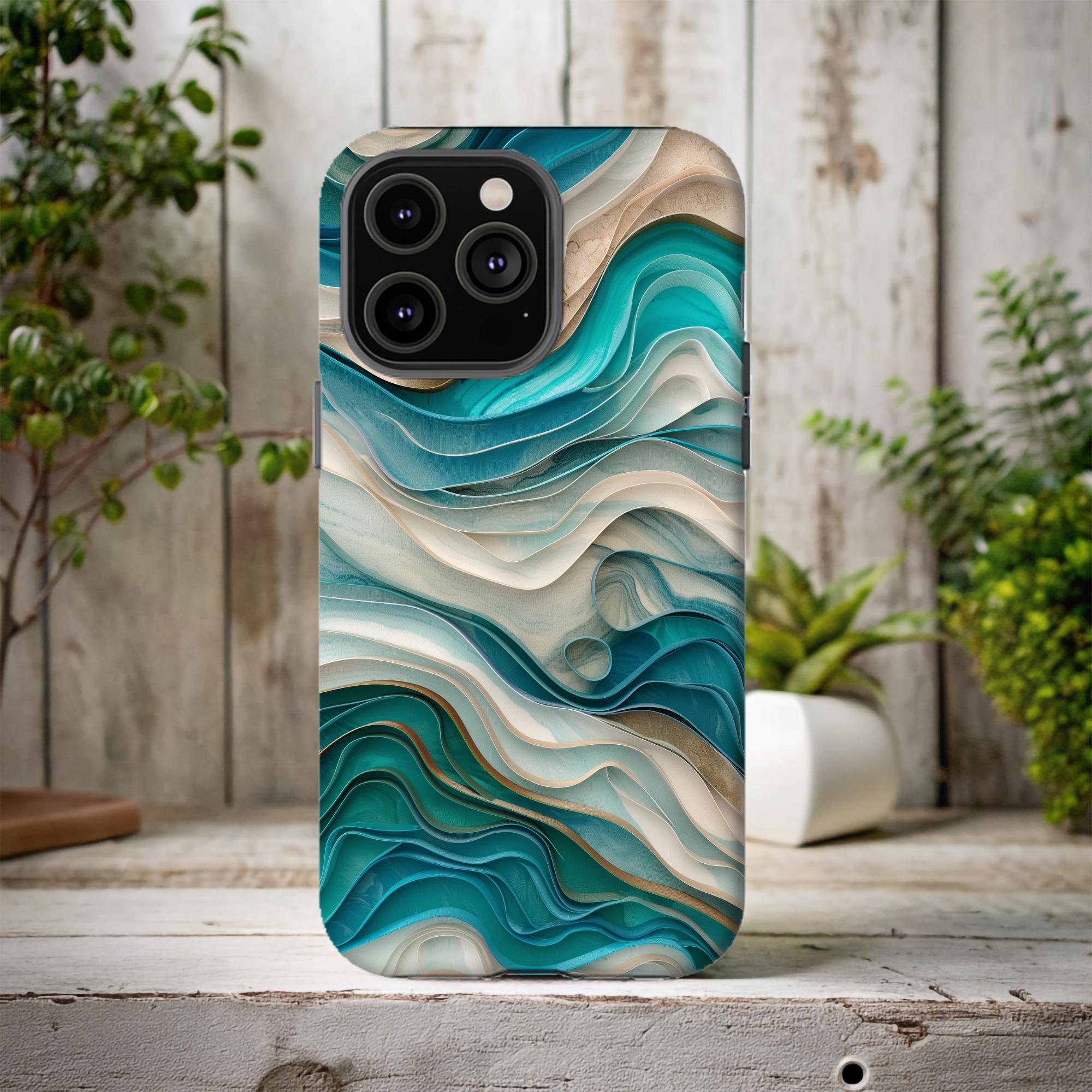 Coastal Boho Ocean Waves Phone Case, Faux Paper 3D, Turquoise Beige ...