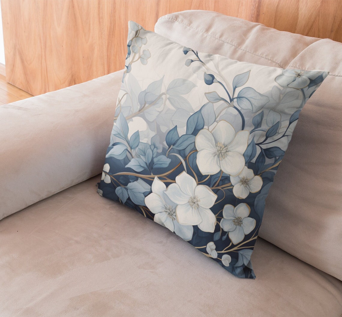 Blue and White Floral Pillow Elegant Modern Home Decor With Flower ...