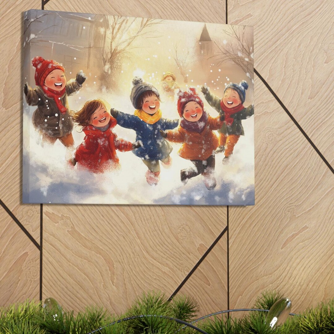 Kids Playing in Snow Canvas Art: Nostalgic Winter Scene - Etsy