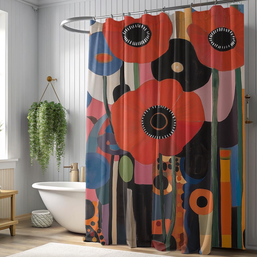 Modernist Red Poppy Shower Curtain: Bold Floral Bathroom Decor - Etsy