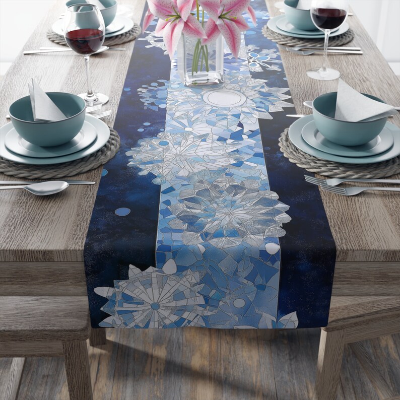 Icy Blue Snowflake Table Runner: Geometric Winter Holiday Decor - Etsy