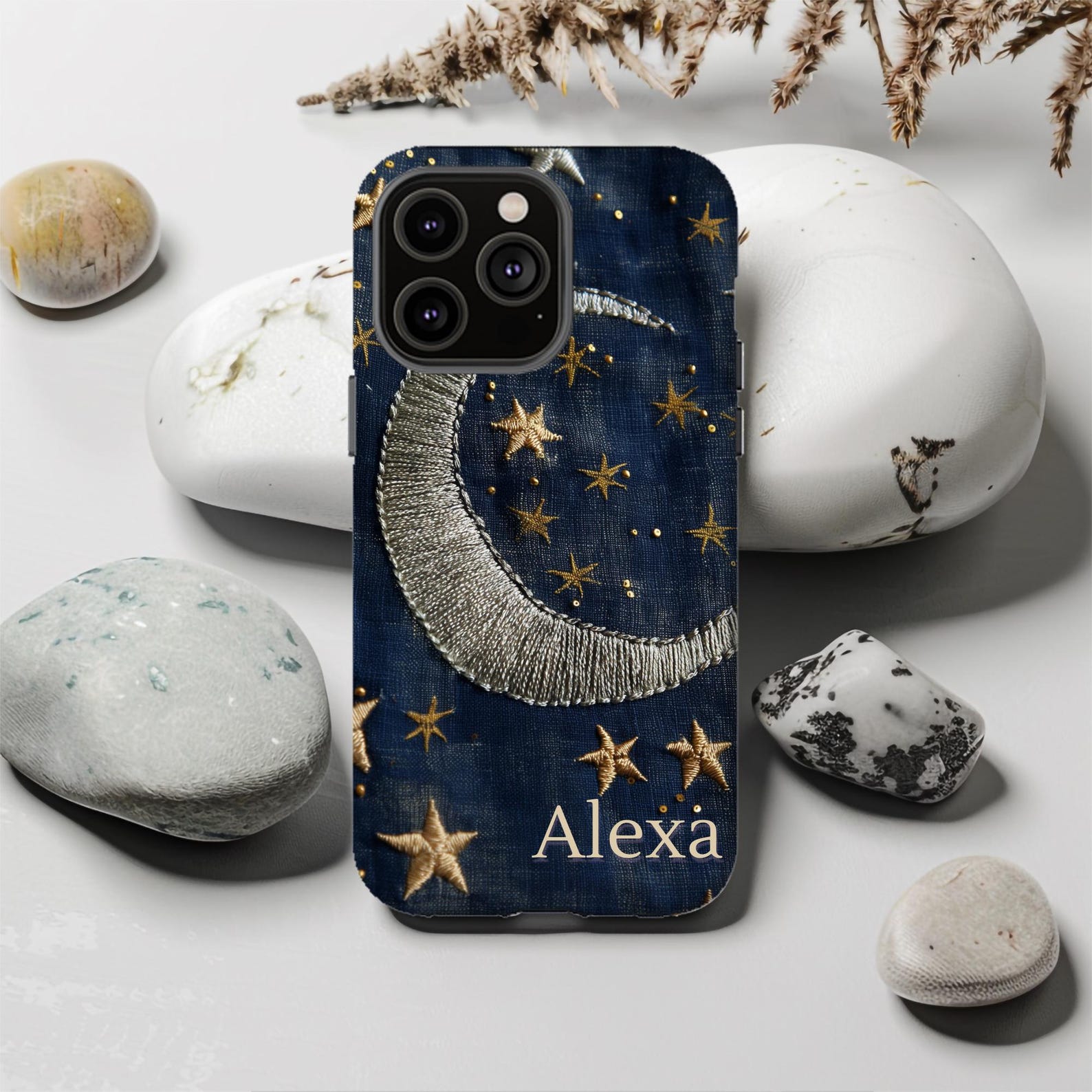 Crescent Moon Stars Phone Case: Celestial Embroidery-look Design - Etsy