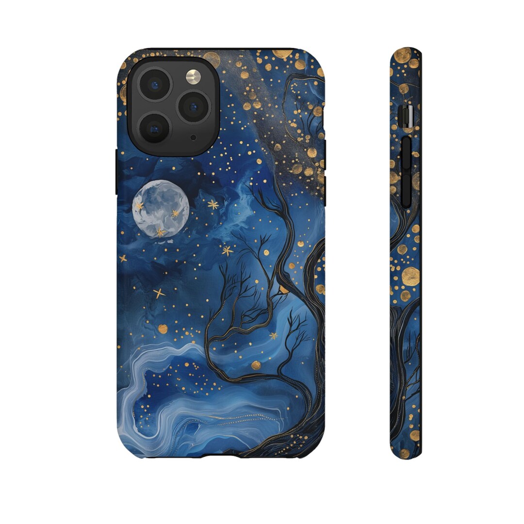 Lapis Lazuli and Gold Look Phone Case, Serene Night Scene With Silver ...