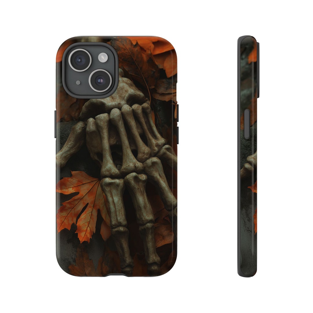 Skeletal Hand Halloween Phone Case Autumn Leaves and Graveyard Scene ...