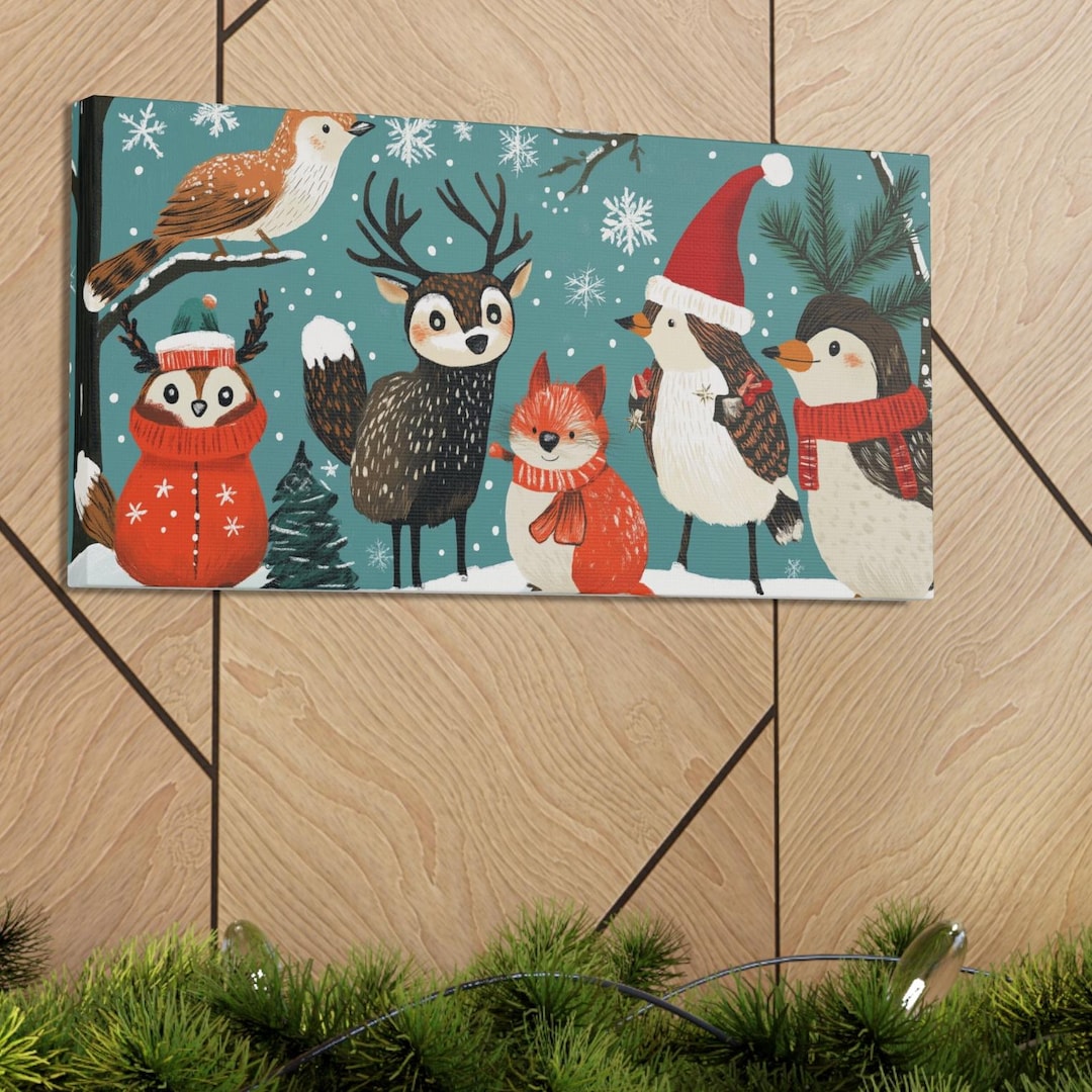 Woodland Creatures Celebrating Christmas Canvas Art - Charming Holiday ...