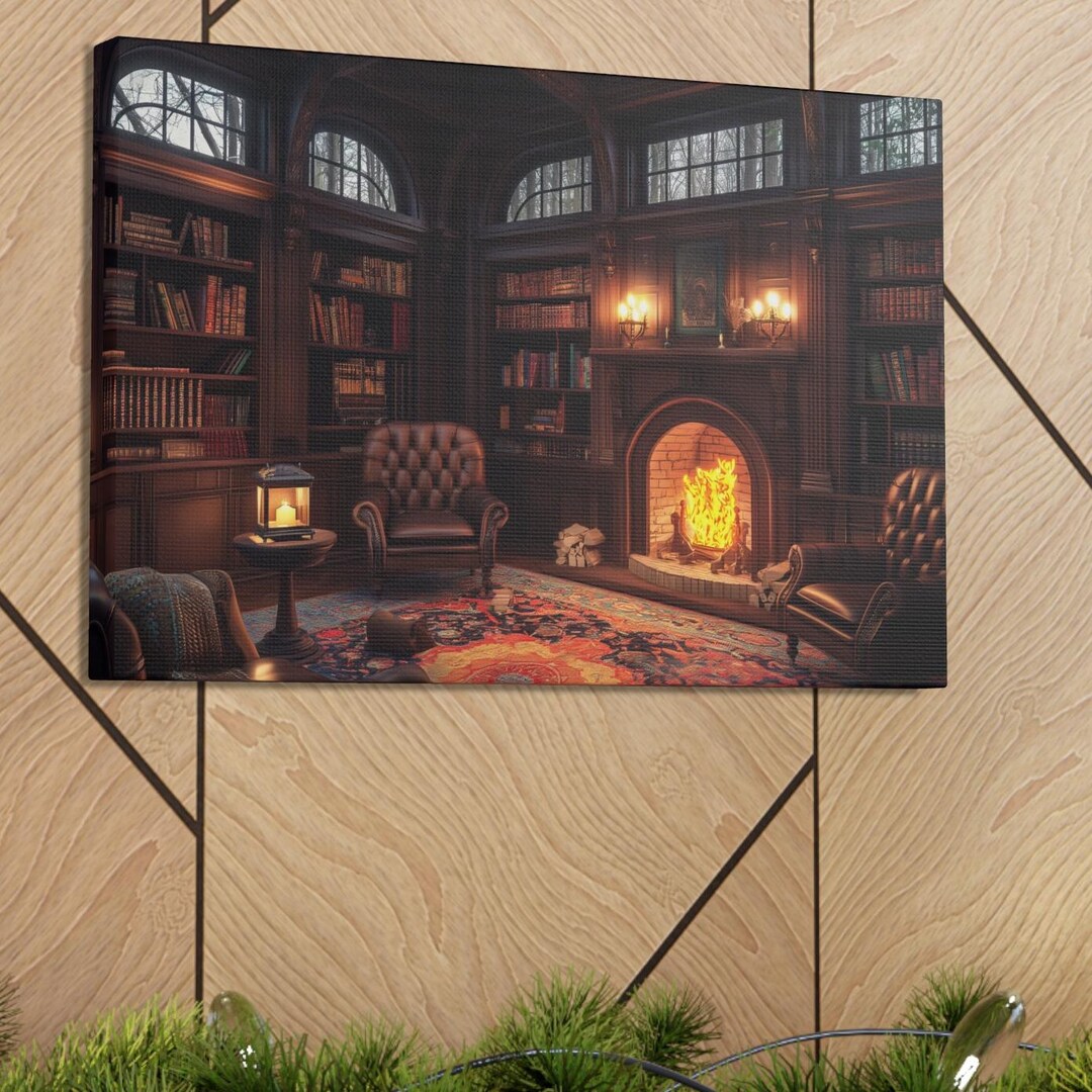 Cozy Fireplace Study Canvas Print: Old-world Booklover Decor - Etsy