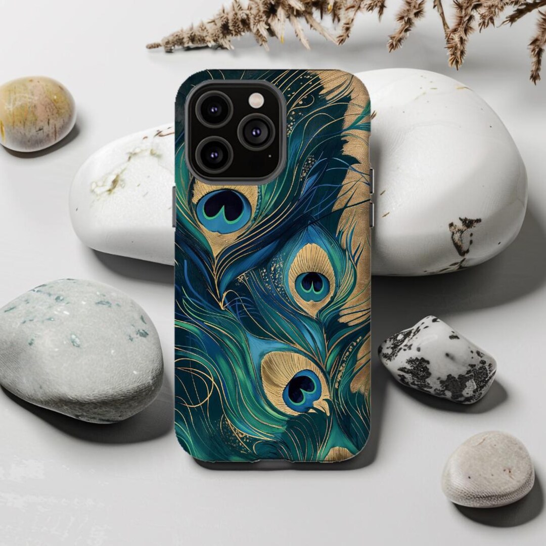 Teal Art Deco Peacock Feathers Phone Case: Gold Accent, Tough Scratch ...