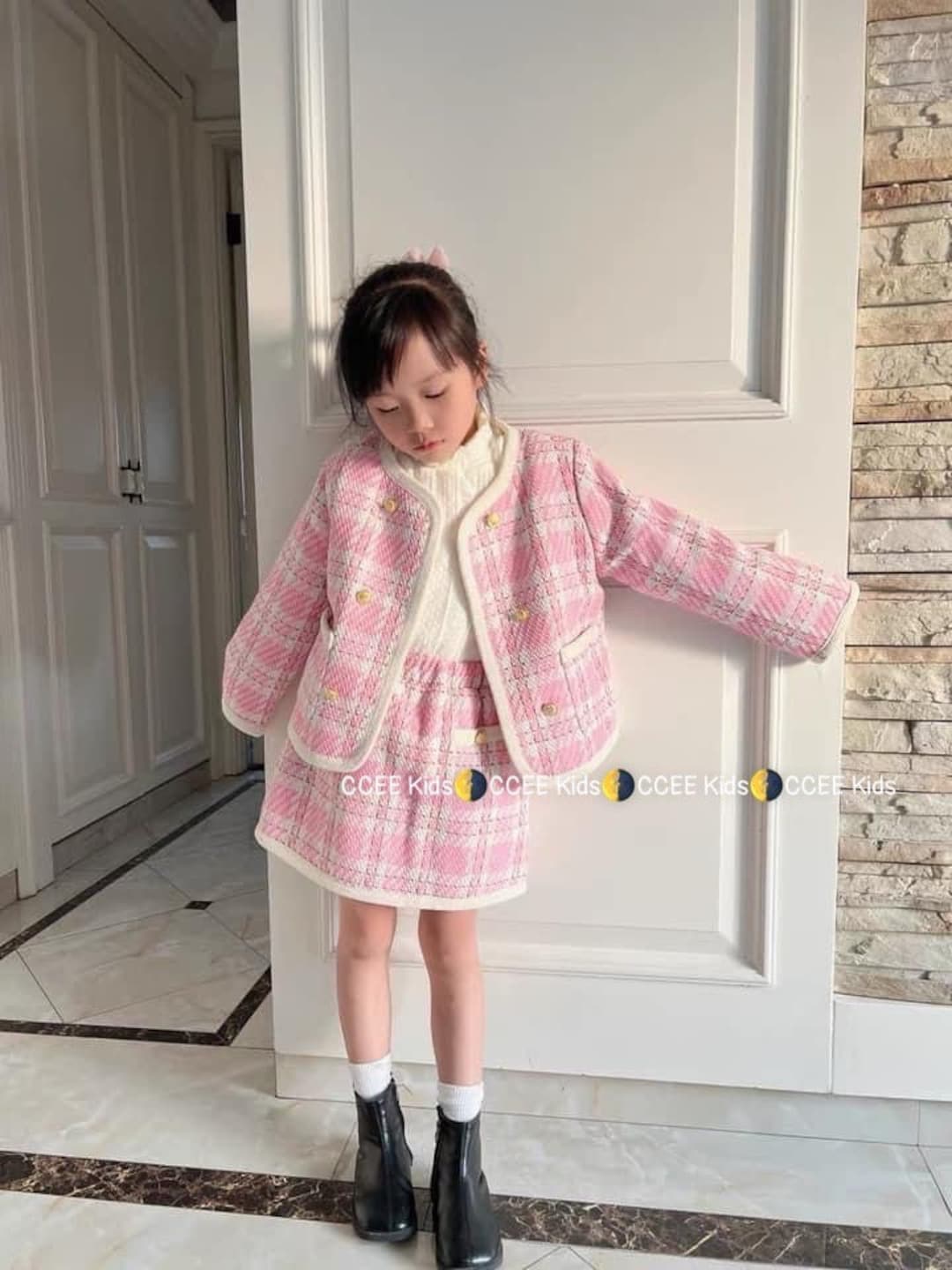 Gorgeous Pink Tweed Girls' 2pcs Clothes Set With Small Fragrance Long ...