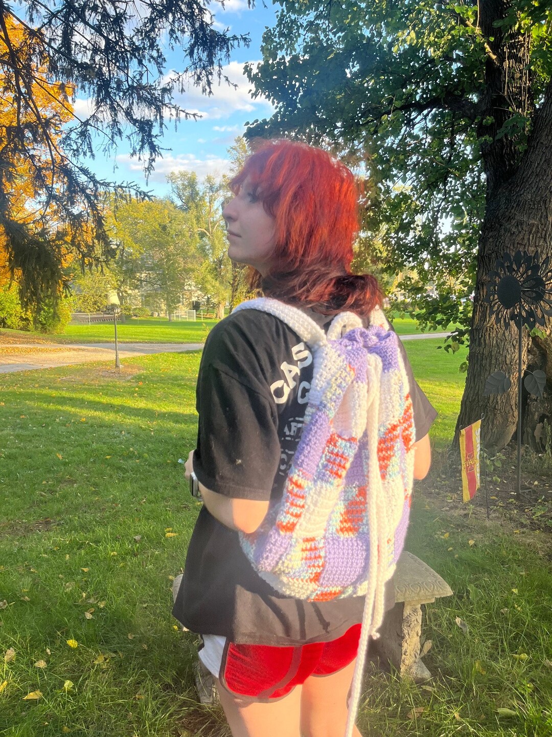 Handmade Crochet Gingham Purple, White, and Coral Backpack With ...
