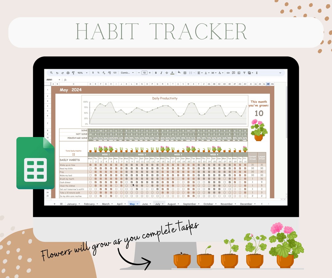 Growing Flower Habit Tracker Spreadsheet | Google Sheet | Digital ...
