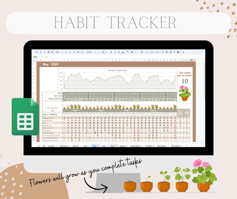Growing Flower Habit Tracker Spreadsheet | Google Sheet | Digital ...
