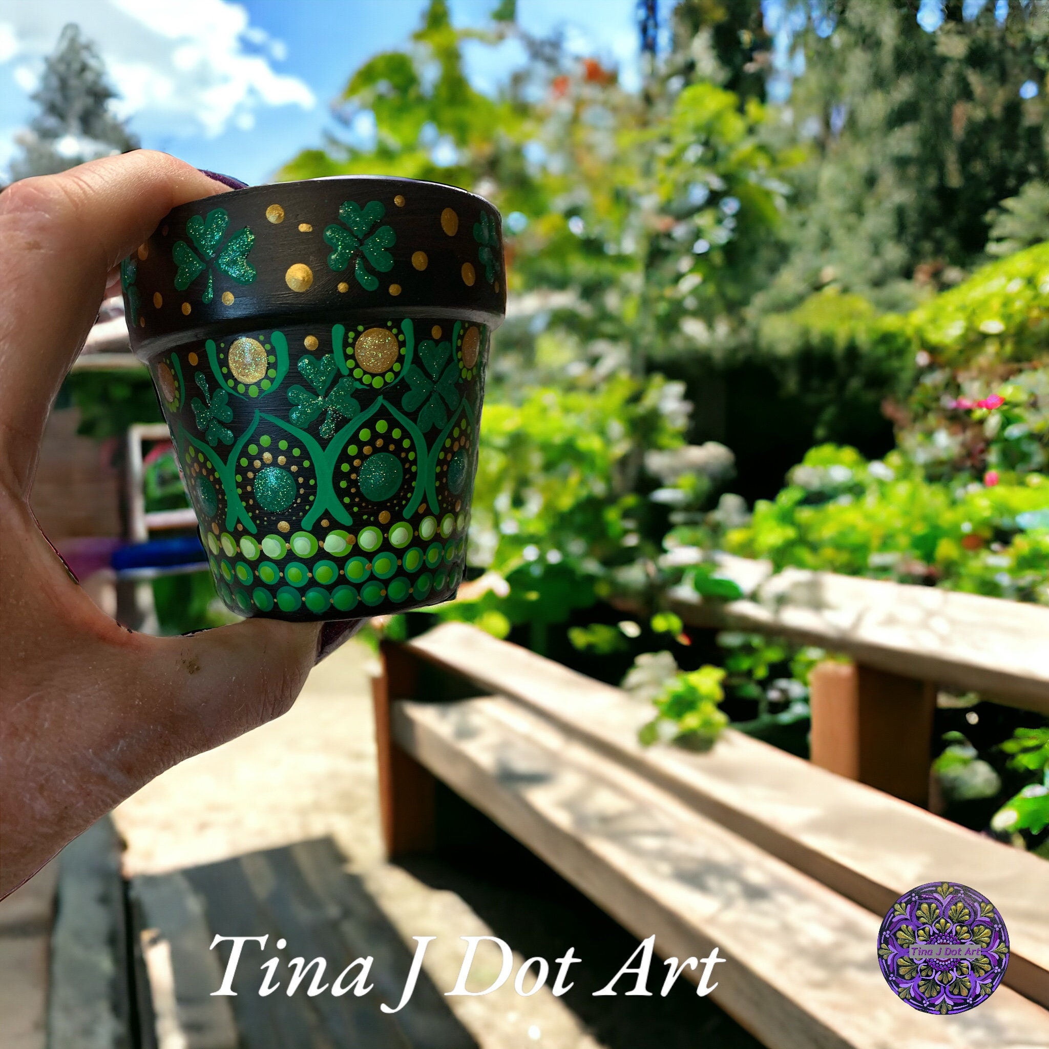 3" Shamrock Terracotta Pot, Mandala Dot Art, Hand Painted Succulent Pot ...