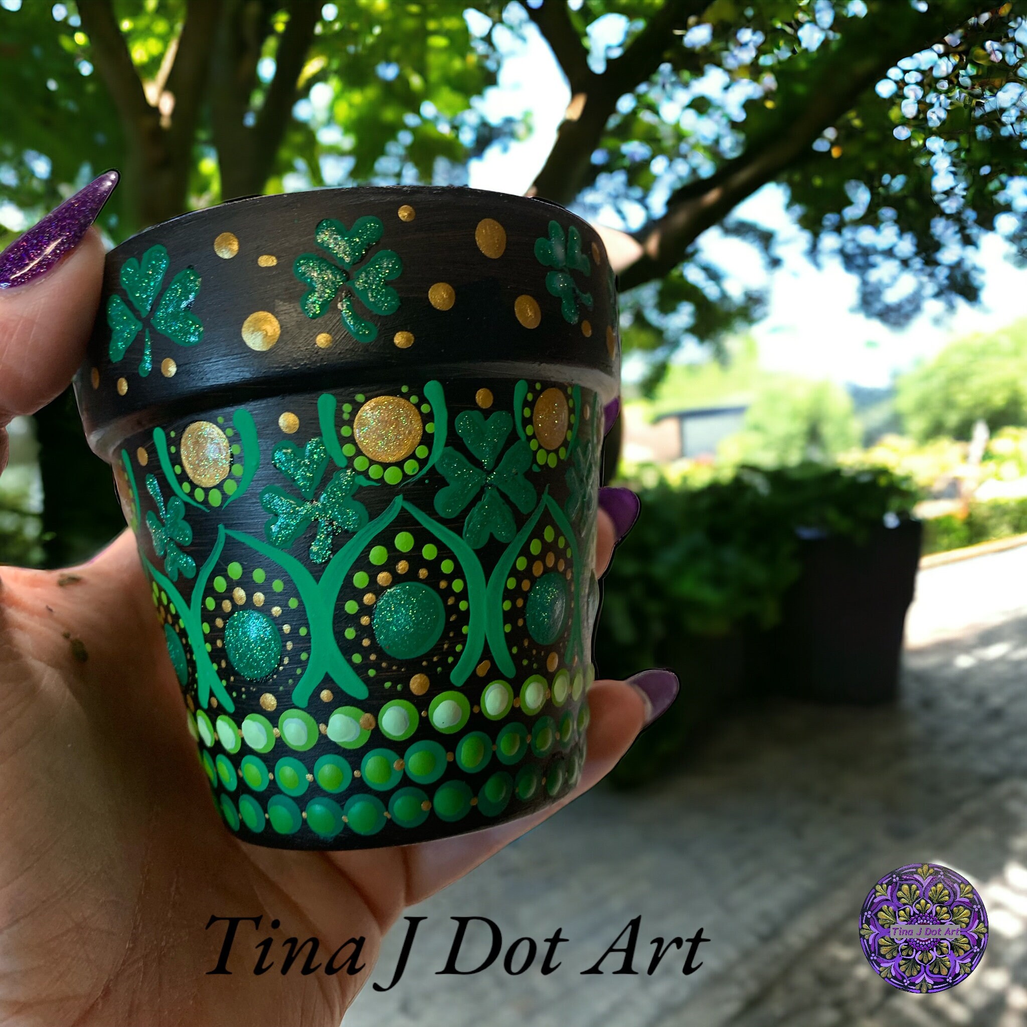 3" Shamrock Terracotta Pot, Mandala Dot Art, Hand Painted Succulent Pot ...