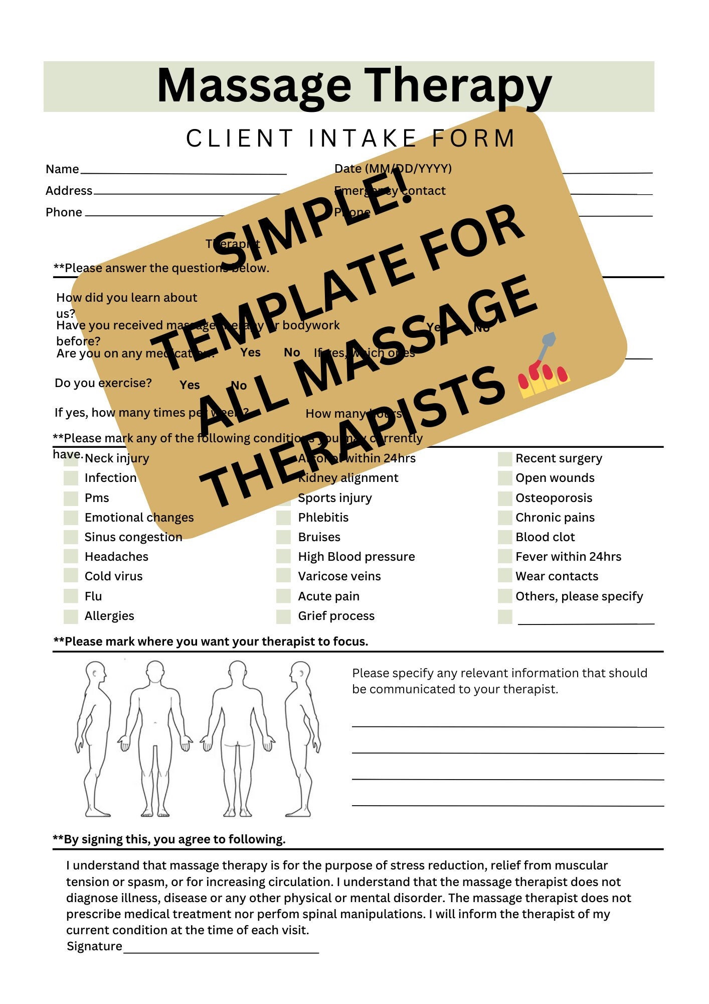 SIMPLE Massage Therapy Intake Form - Etsy