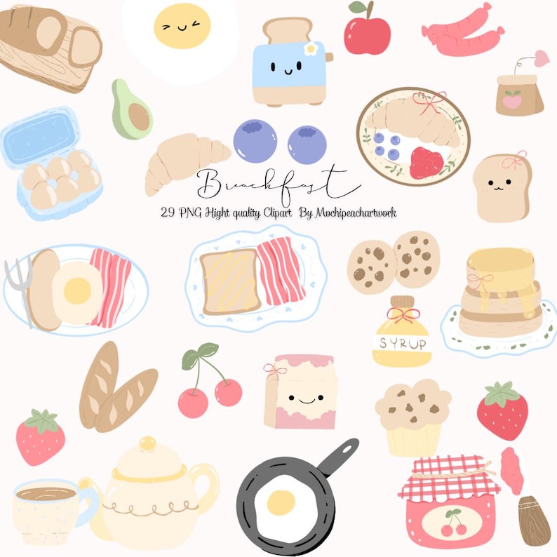 Kawaii Breakfast Clipart – Food Illustrations PNG Set (digital Download ...