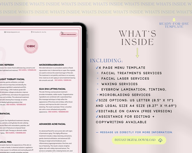 Custom Esthetician Price List Design Templates, Facial Treatment Menu ...