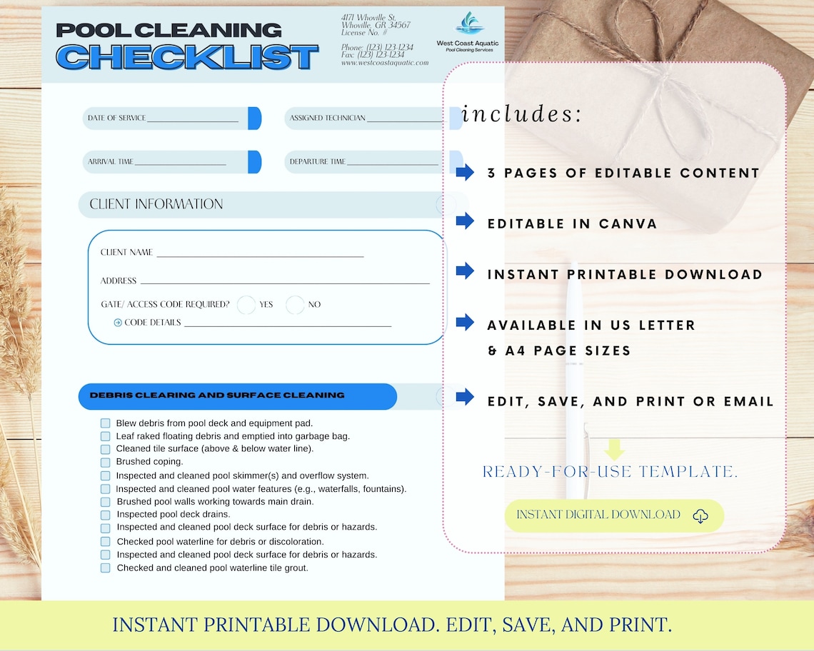 Swimming Pool Cleaning Checklist Template, Residential and Commercial ...