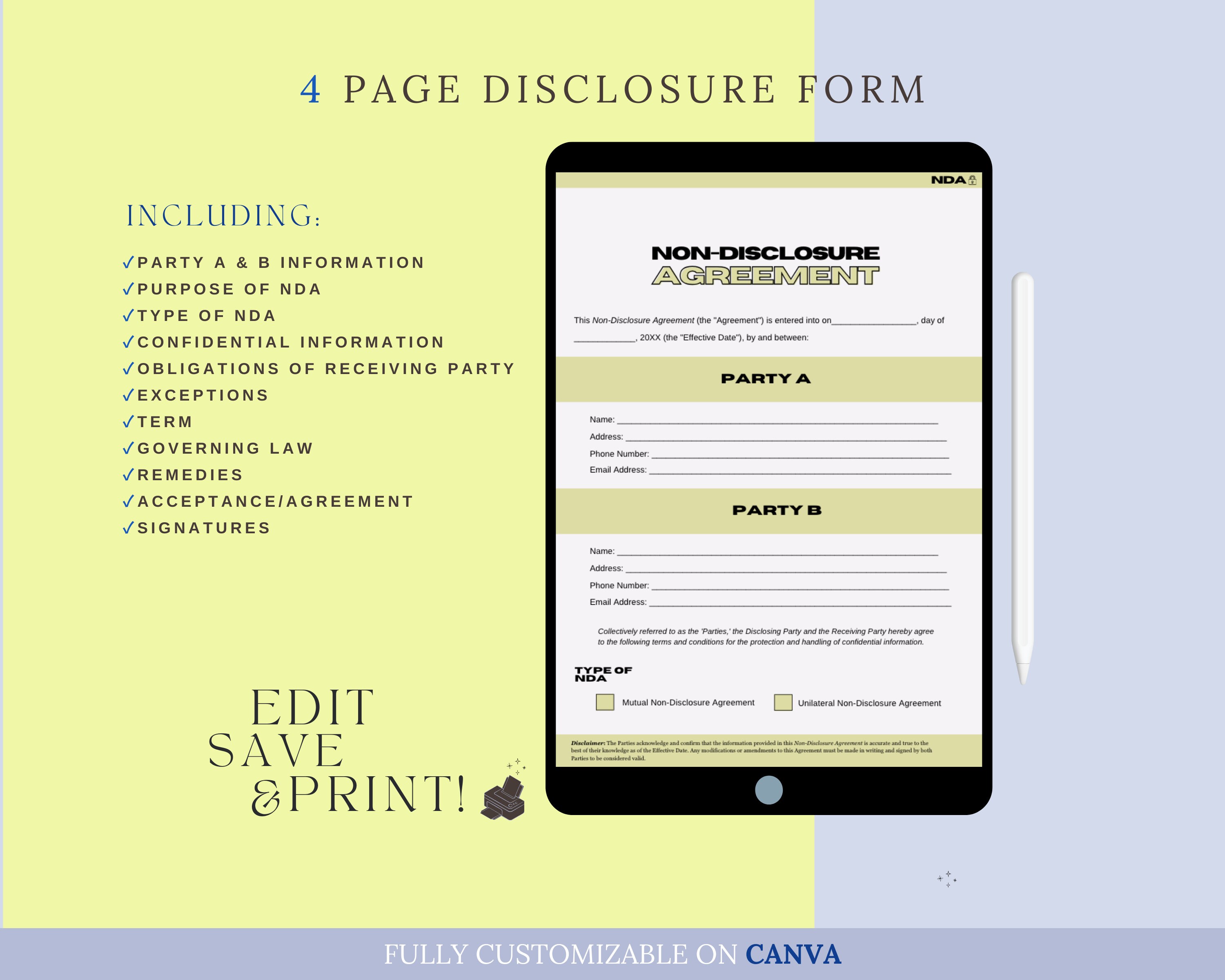 Non-disclosure Agreement Template, NDA Forms, NDA Template, Fillable ...