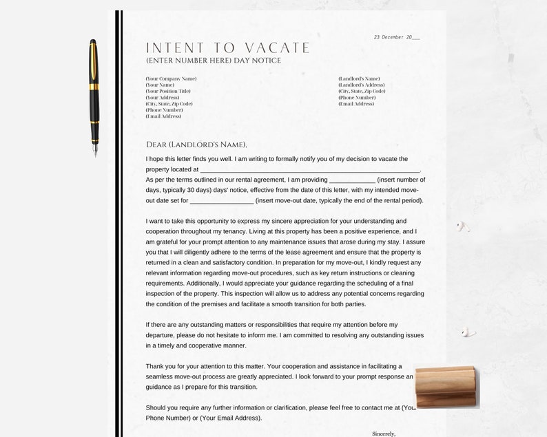Tenant Notice of Intent to Vacate Letter,tenant Notice to Landlord ...