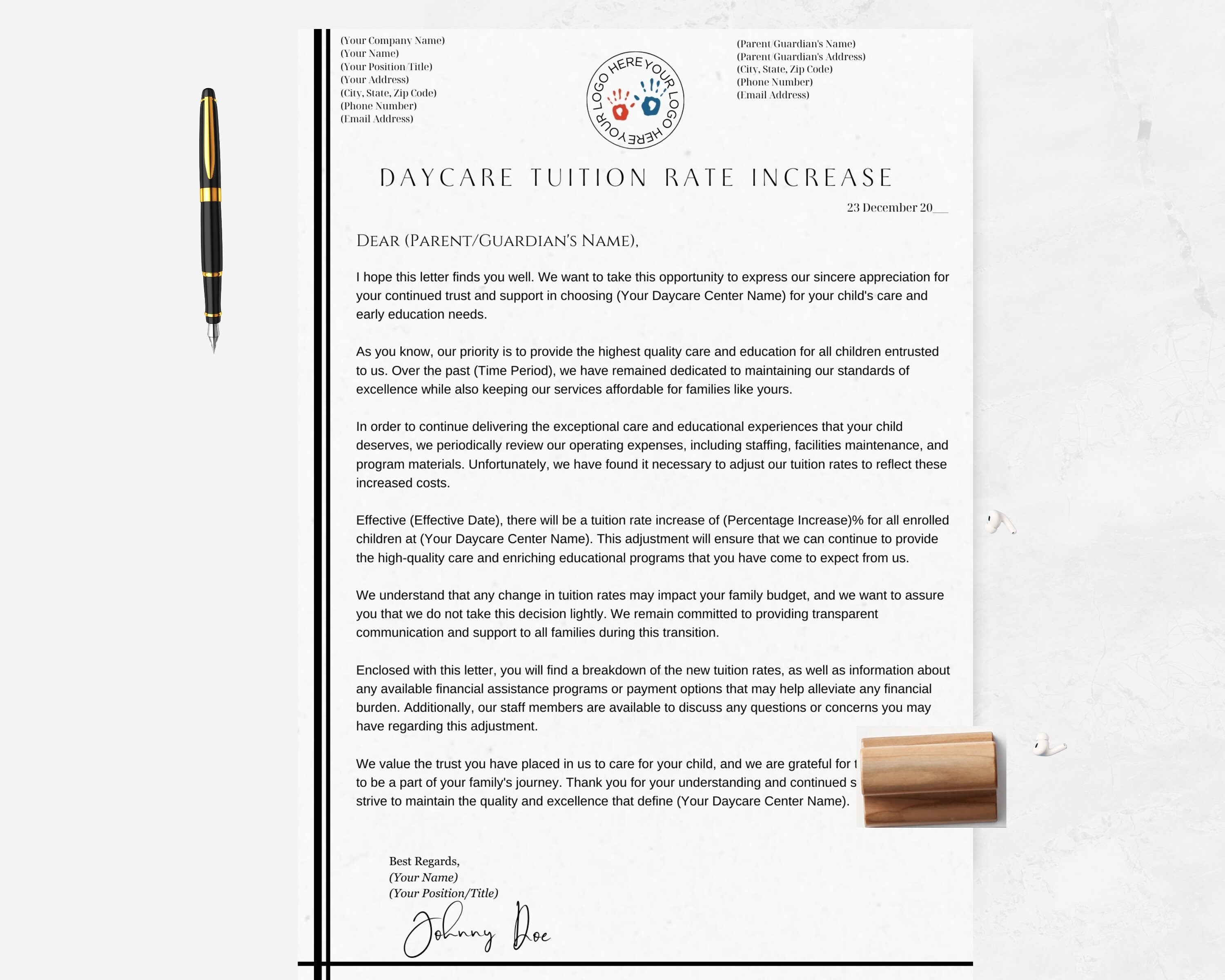 Daycare Tuition Rate Increase Letter Template, Childcare Rate Increase ...