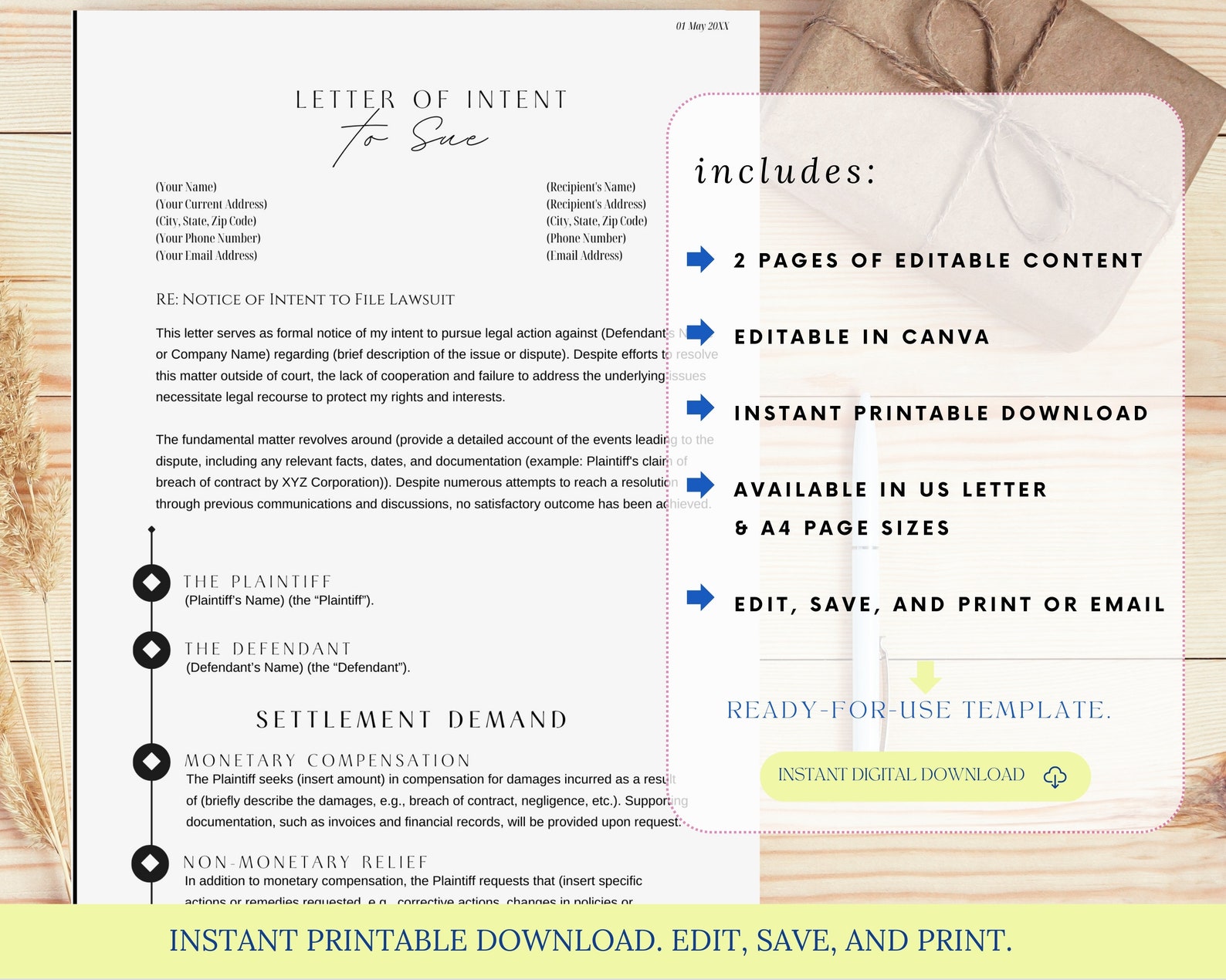 Letter of Intent to Sue With Settlement Demand Template, Legal Notice ...