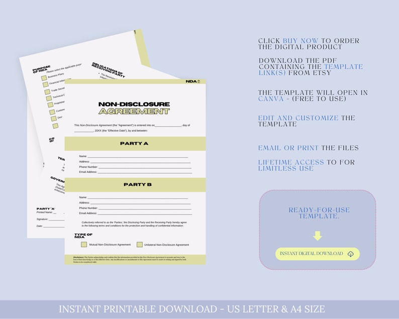 Non-disclosure Agreement Template, NDA Forms, NDA Template, Fillable Pdf, NDA Contract ...