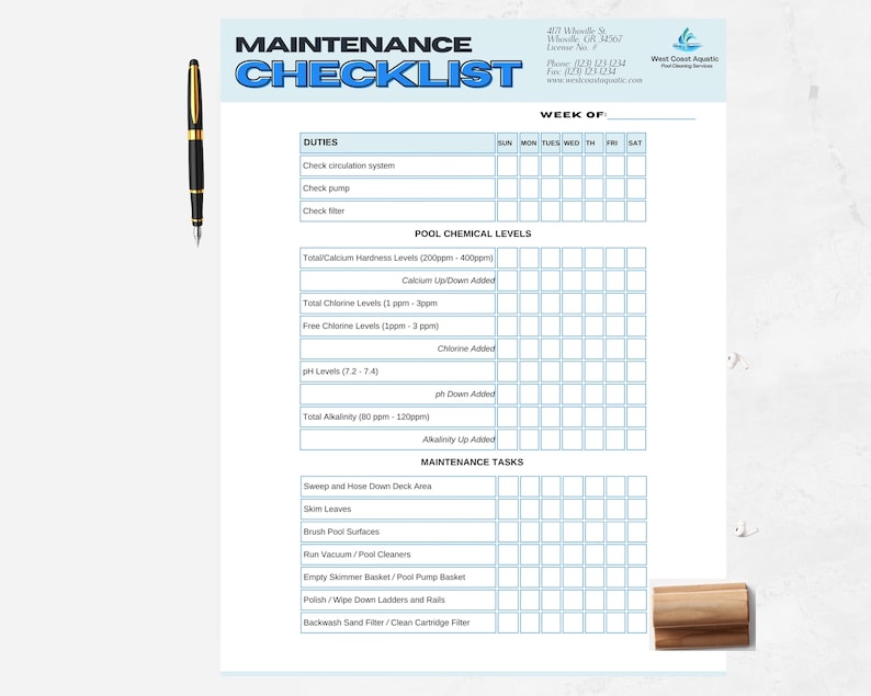 Pool Maintenance Checklist, Pool Maintenance Log, Pool Maintenance ...