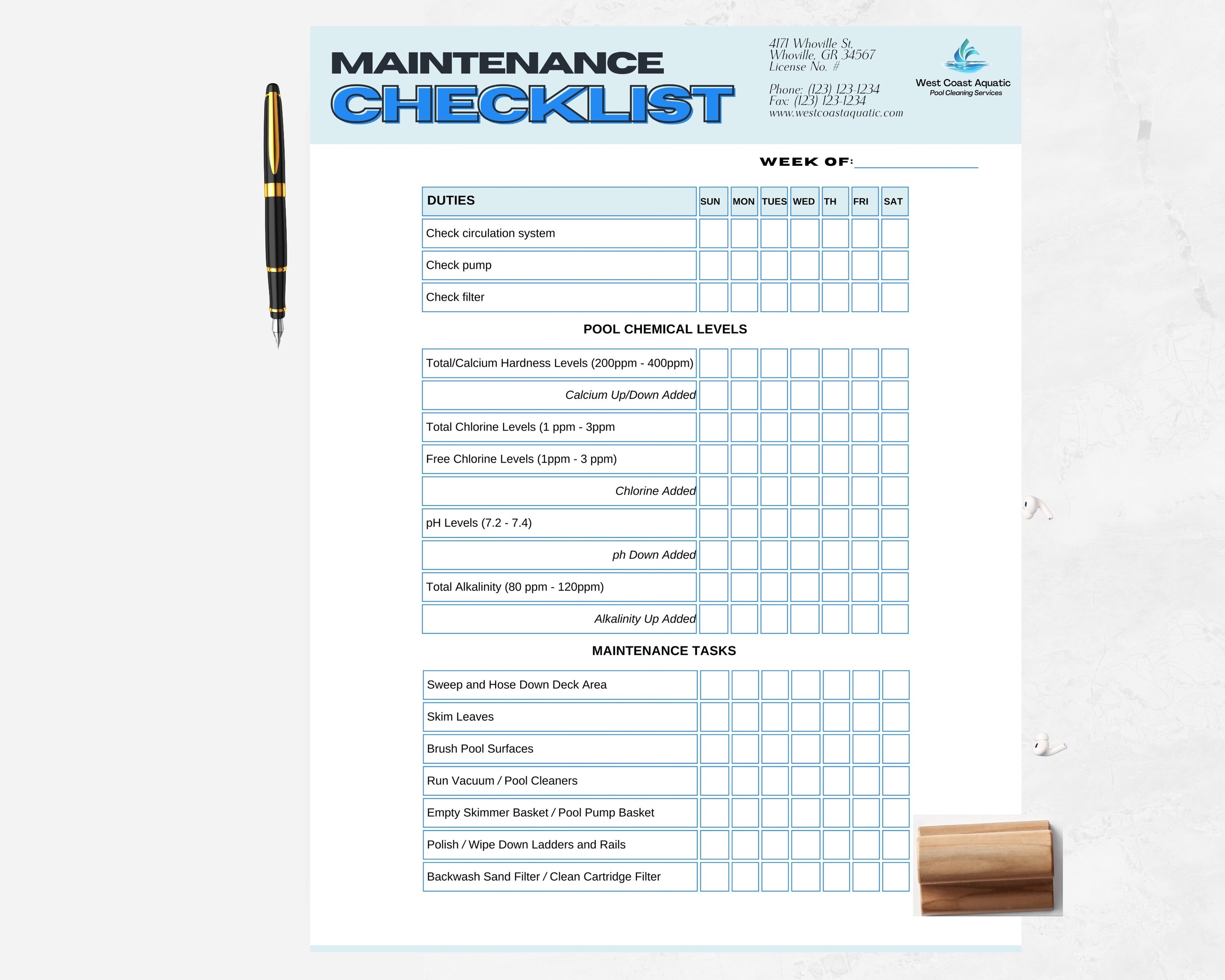 Pool Maintenance Checklist, Pool Maintenance Log, Pool Maintenance ...