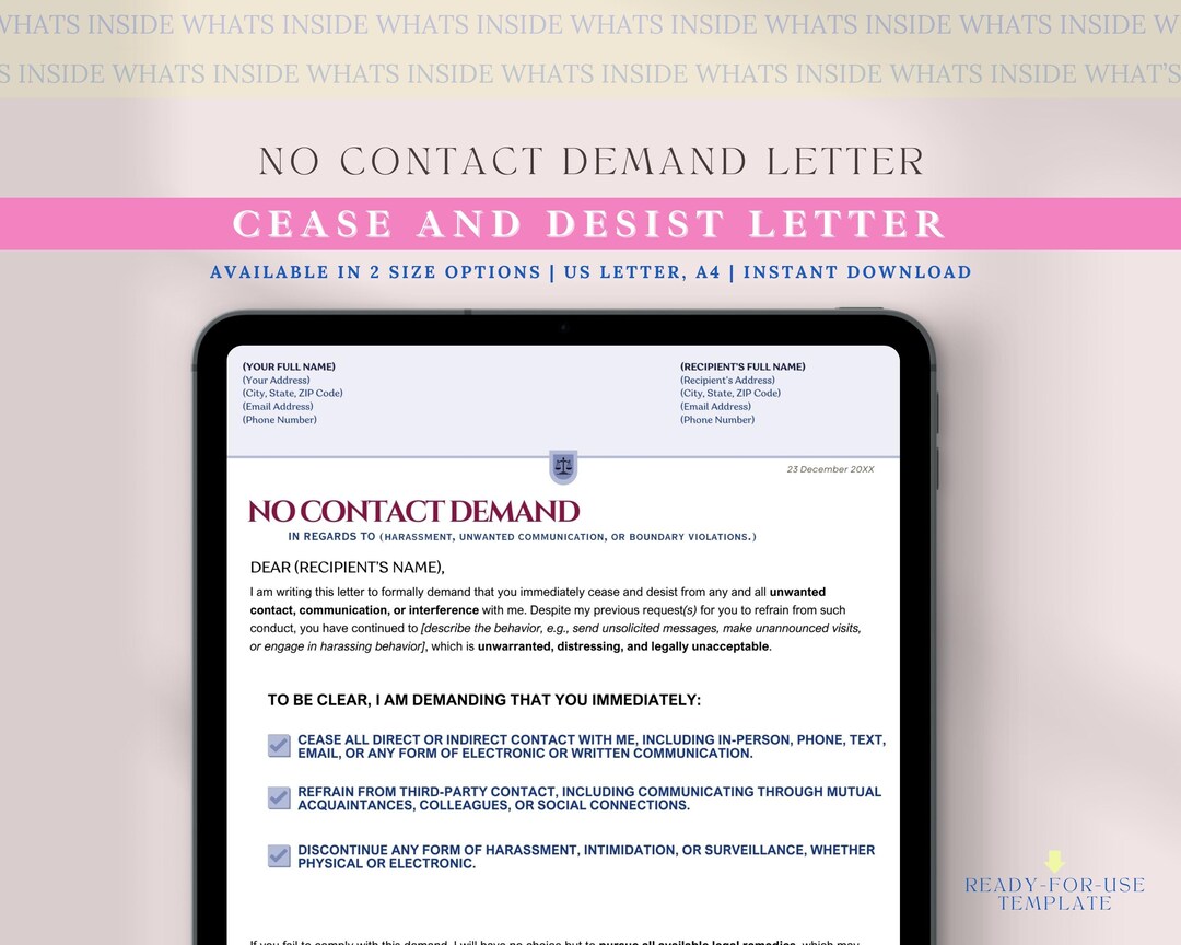 Cease and Desist Letter Template, No Contact Demand Letter, Editable Legal Letter, Harassment ...