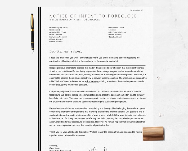 Initial Notice of Intent to Foreclose Template, Mortgage Delinquency ...