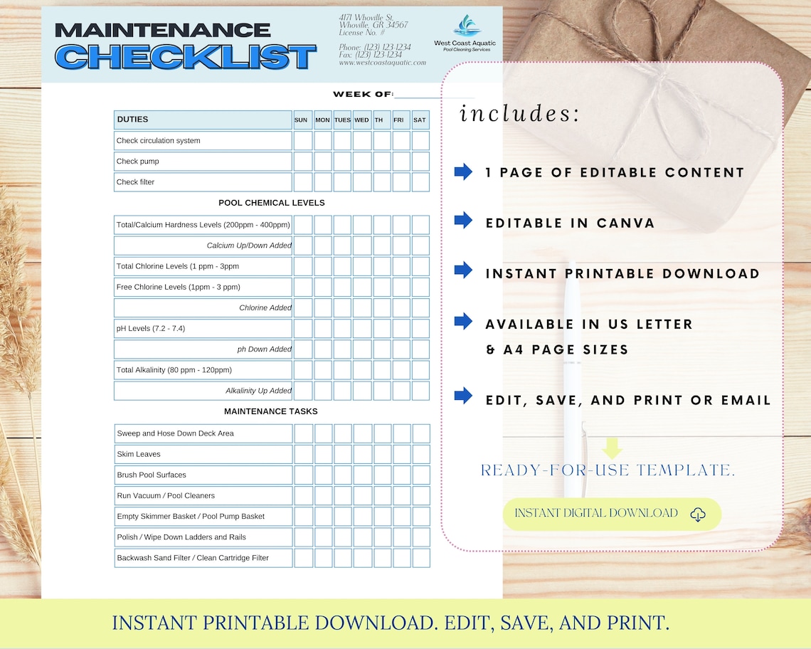 Pool Maintenance Checklist, Pool Maintenance Log, Pool Maintenance ...