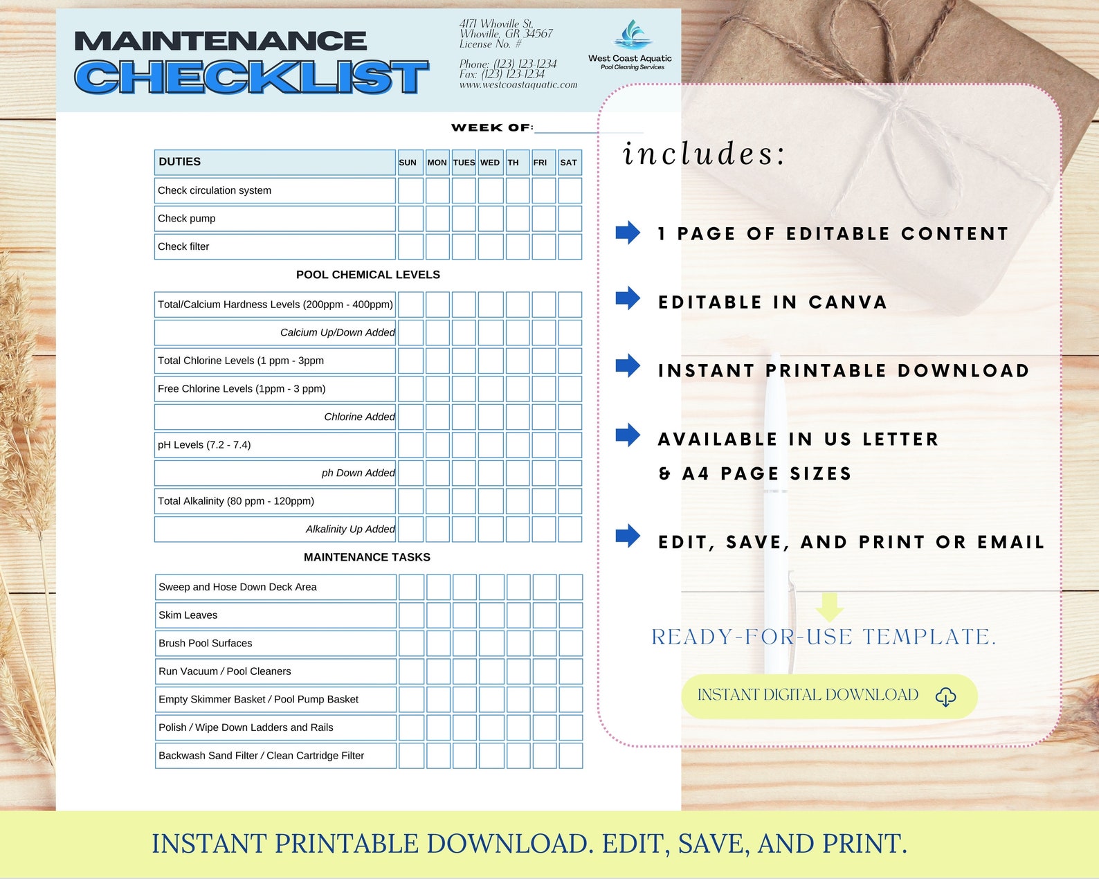 Pool Maintenance Checklist, Pool Maintenance Log, Pool Maintenance ...