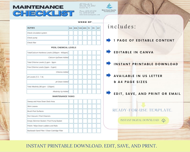 Pool Maintenance Checklist, Pool Maintenance Log, Pool Maintenance ...
