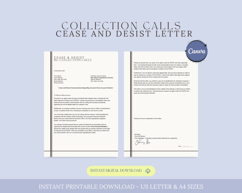 Cease and Desist Letter to Stop Collection Calls Letter Template, Debt ...