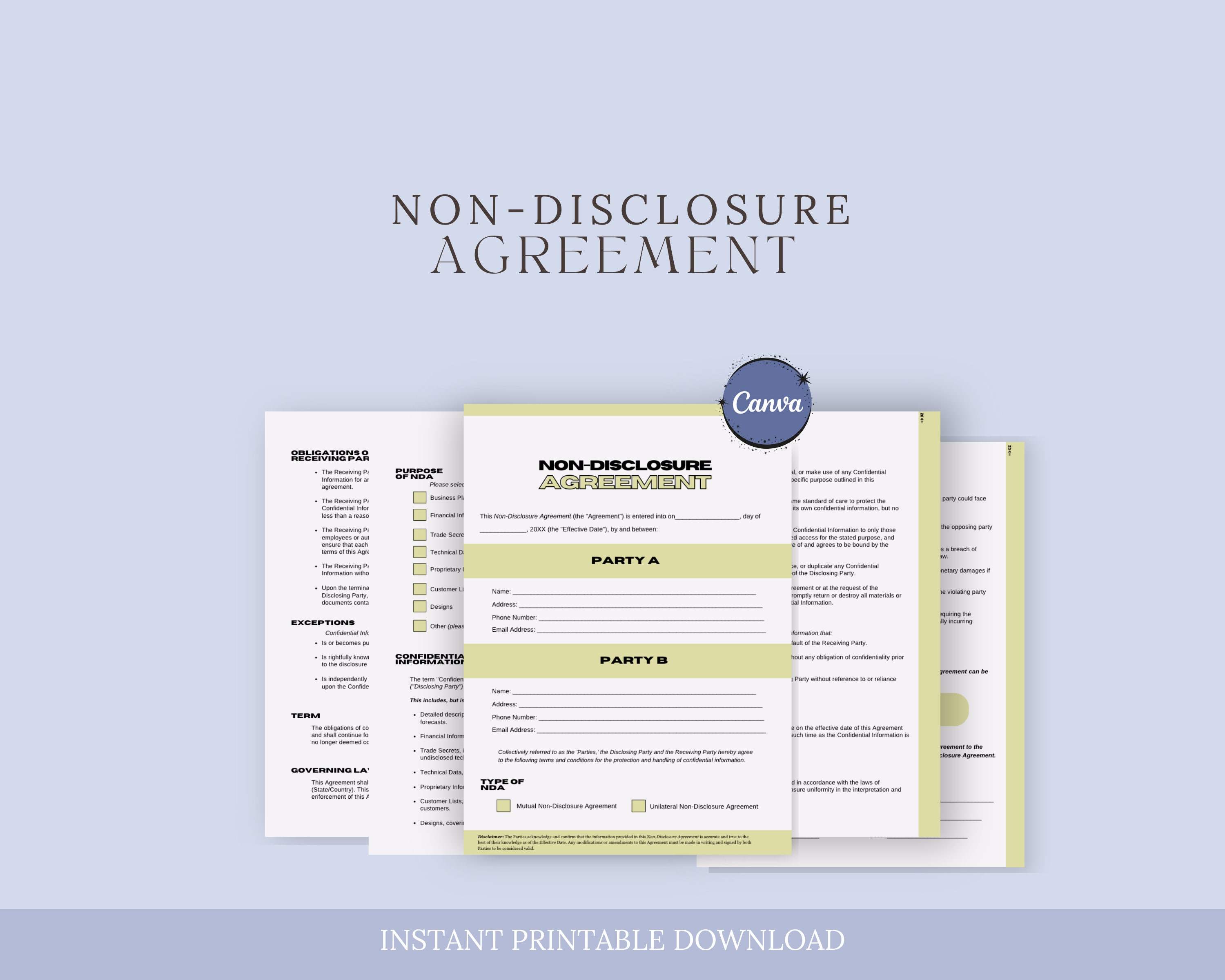 Non-disclosure Agreement Template, NDA Forms, NDA Template, Fillable ...