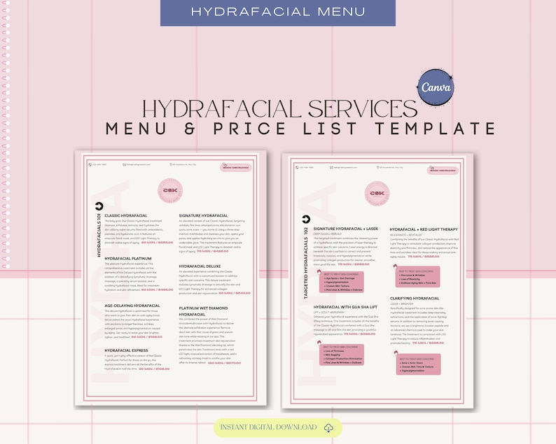 Hydrafacial Treatment Menu, Custom Esthetician Price List Design ...
