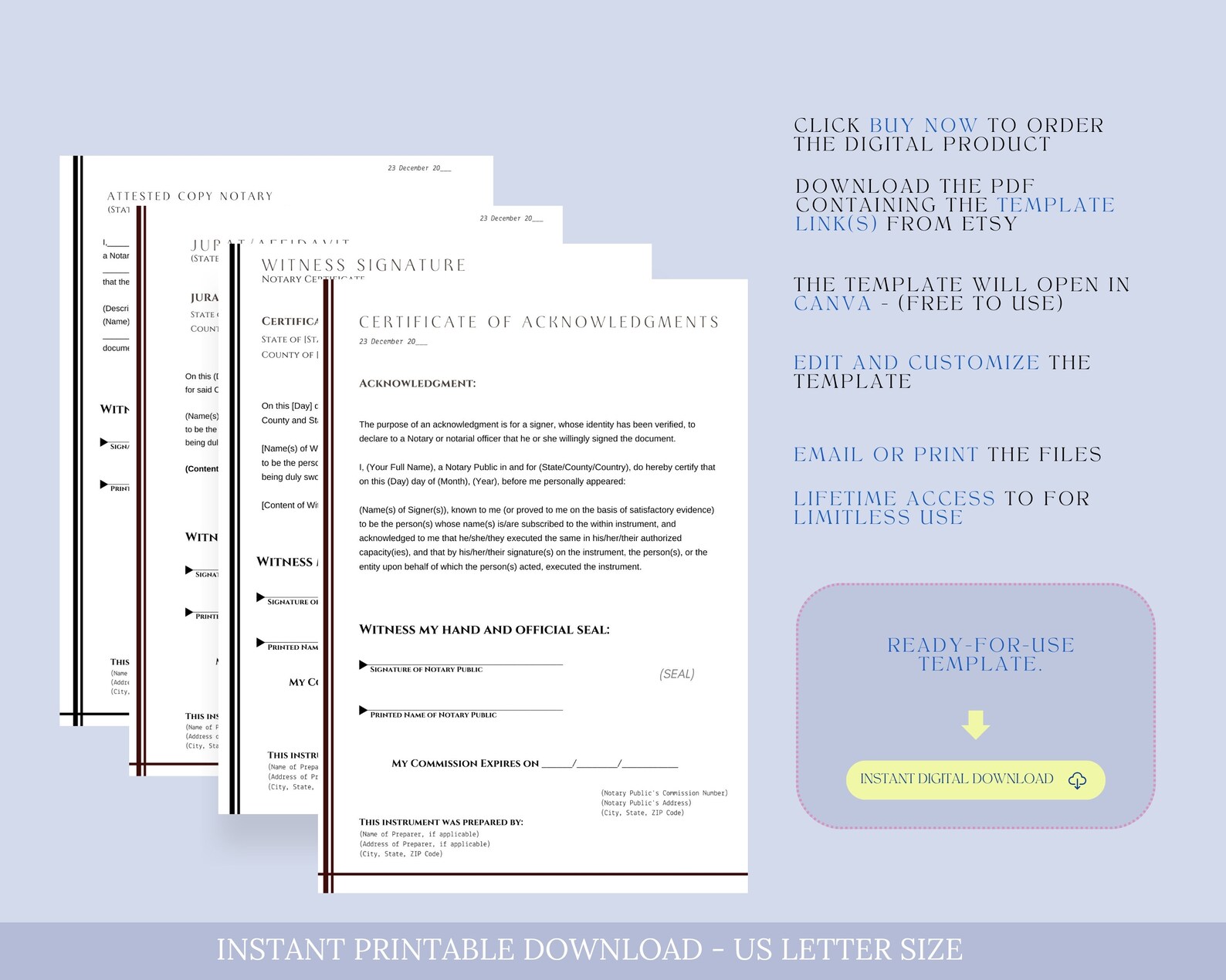 Set of 4 Notarial Certificates,witness Signature Notary,acknowledgement ...