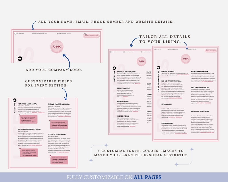 Custom Esthetician Price List Design Templates, Facial Treatment Menu ...