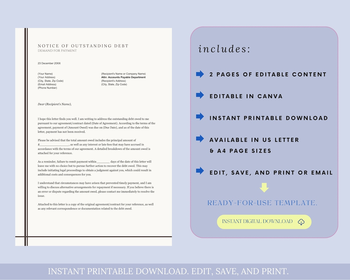 Demand for Payment Letter, Notice of Outstanding Debt, Payment Demand ...