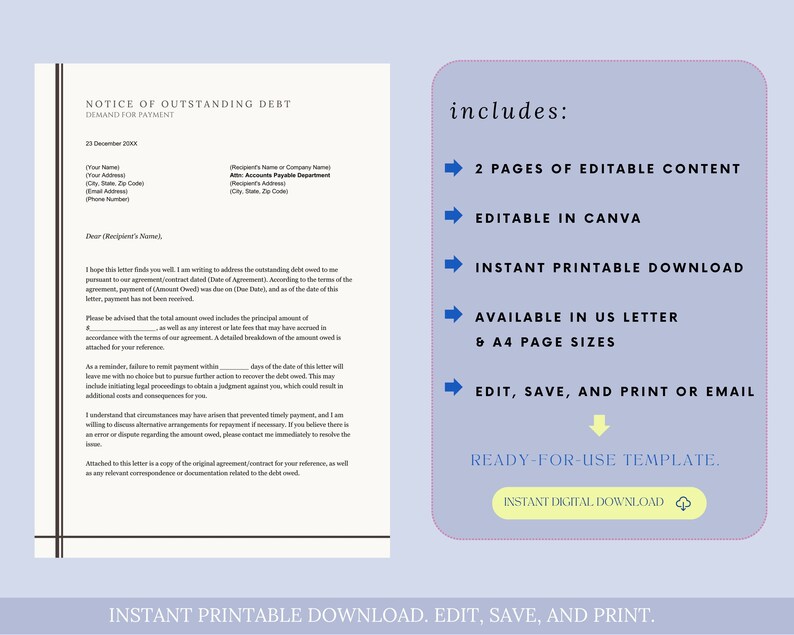 Demand for Payment Letter, Notice of Outstanding Debt, Payment Demand ...