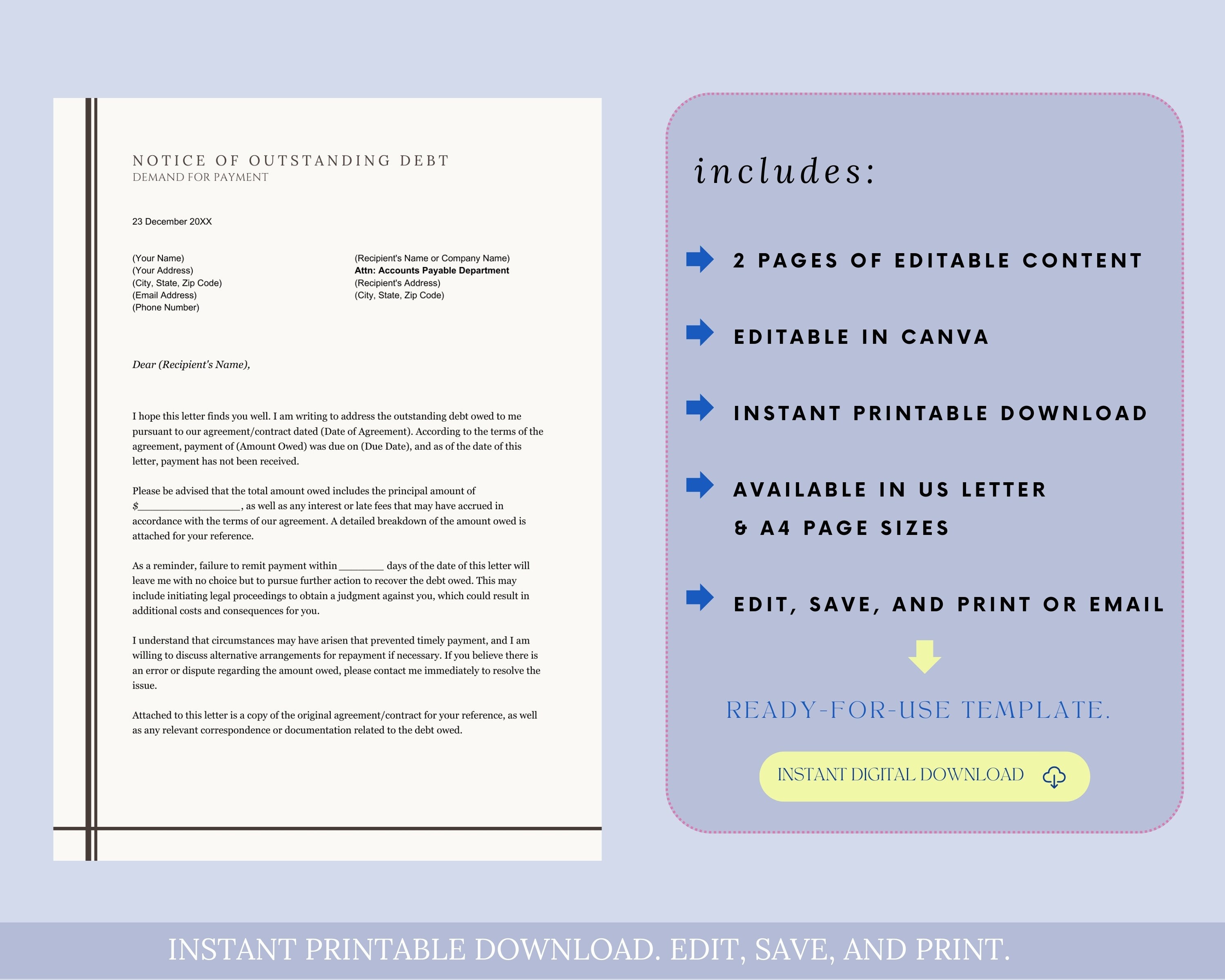 Demand for Payment Letter, Notice of Outstanding Debt, Payment Demand ...
