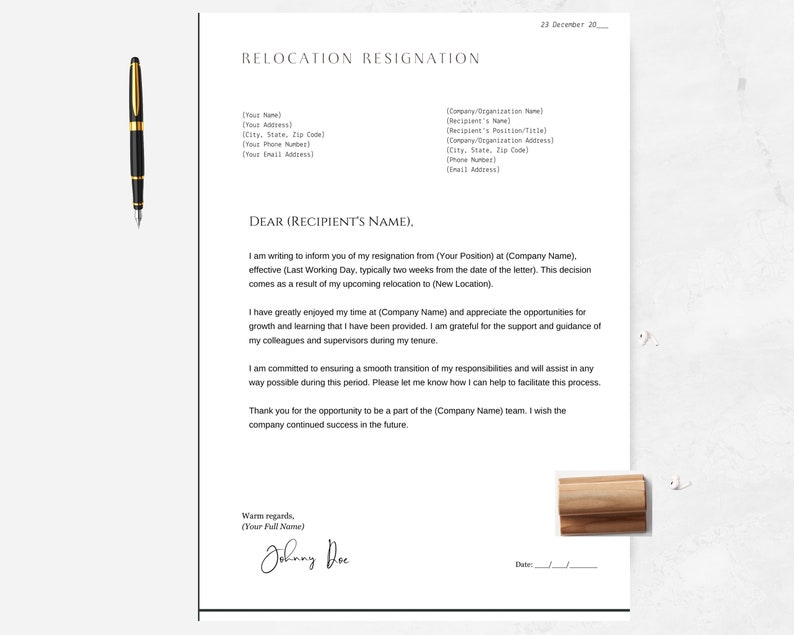 Relocation Resignation Letter Template, Professional Resignation Letter ...