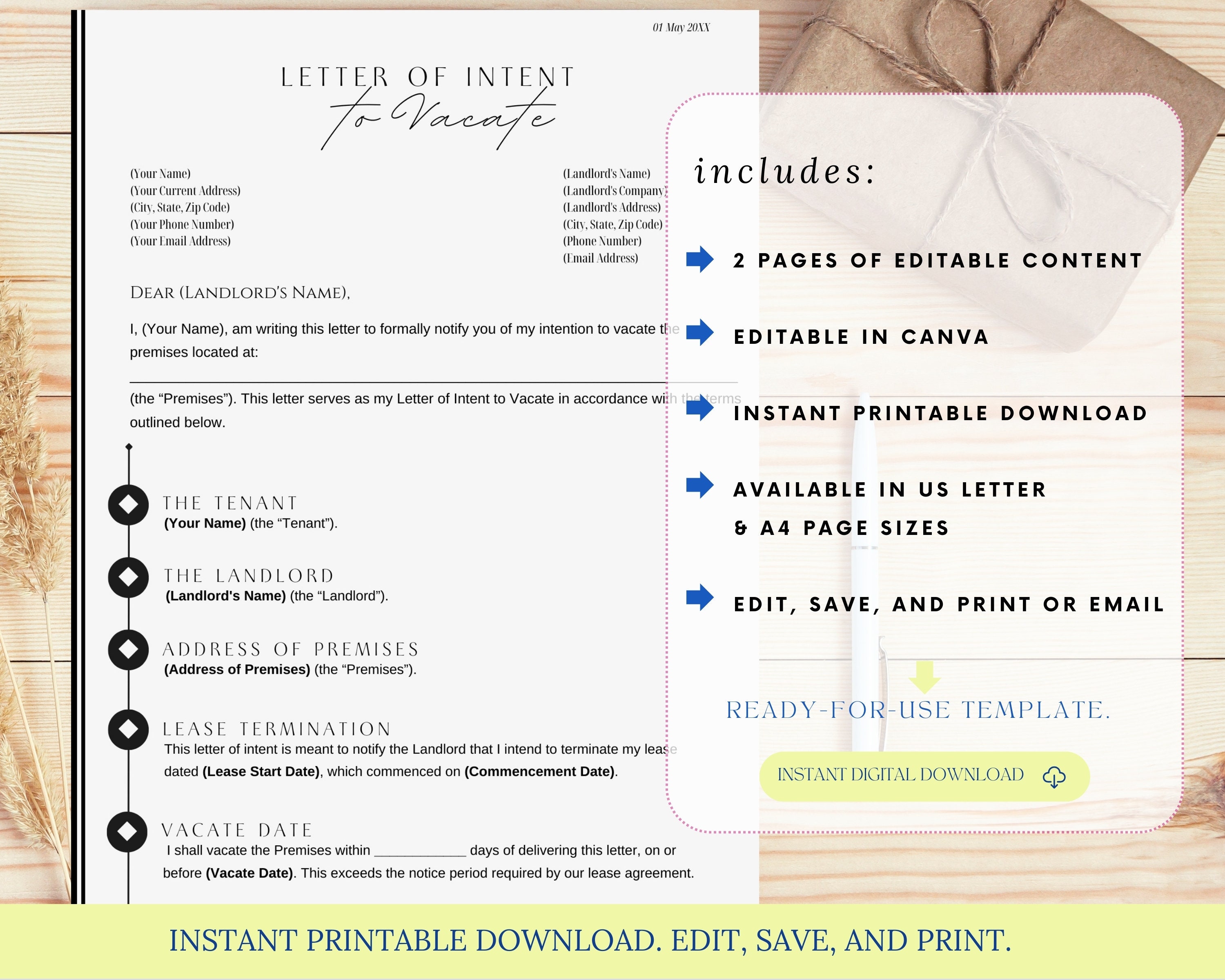 Letter of Intent to Vacate Template, Notice to Move Out Vacate, Tenant ...